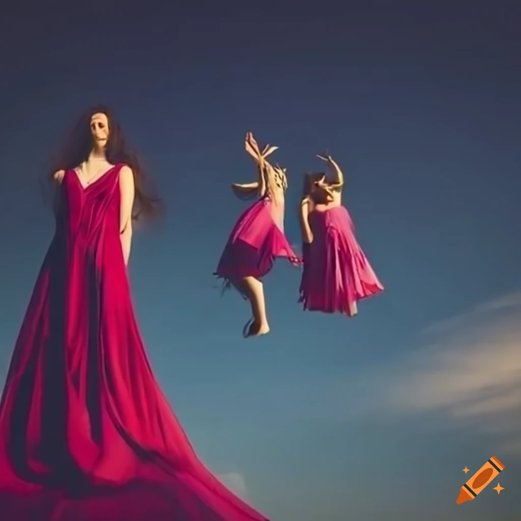 Group of women with long dresses floating in the sky on Craiyon