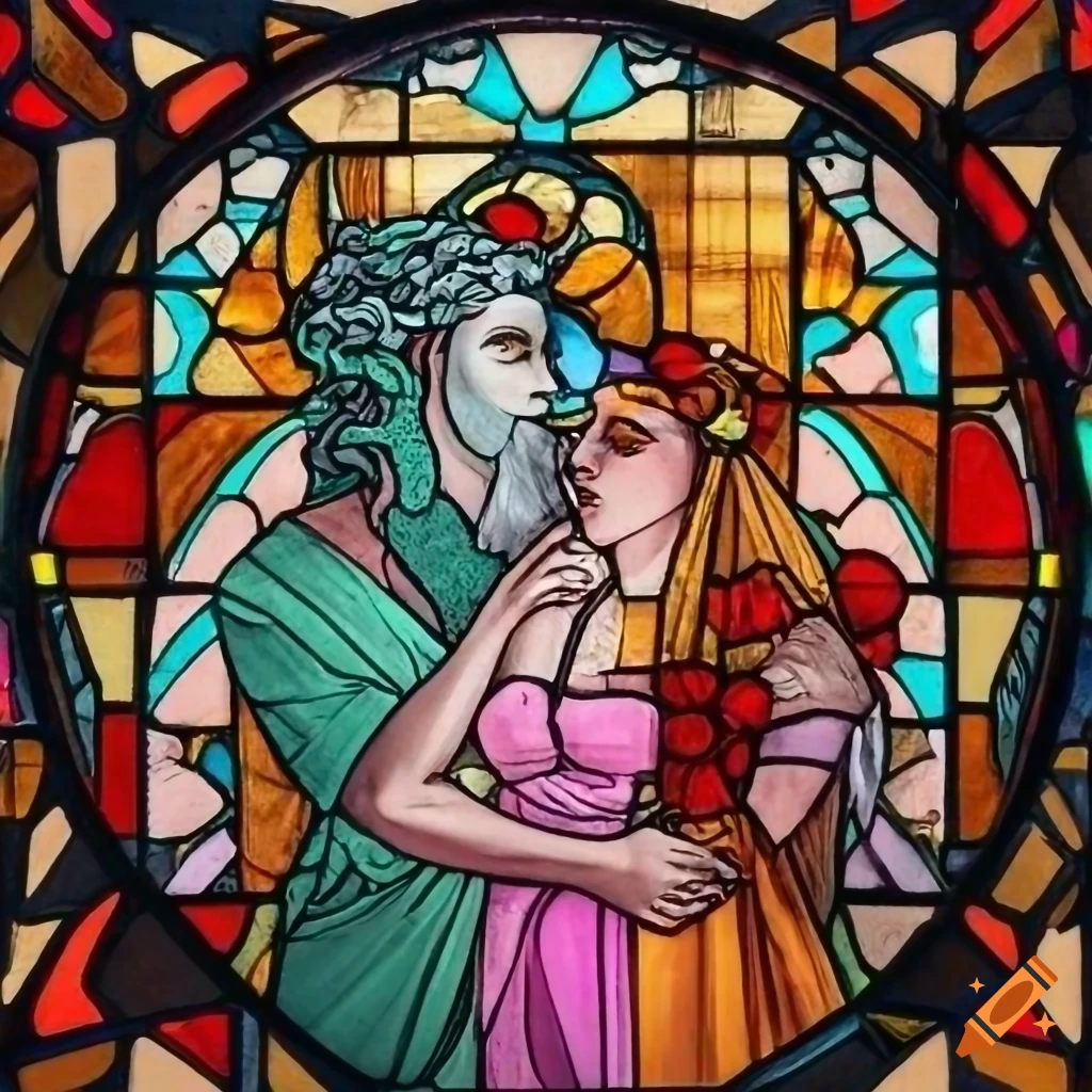 Stained glass window depicting hades and persephone side by side on Craiyon