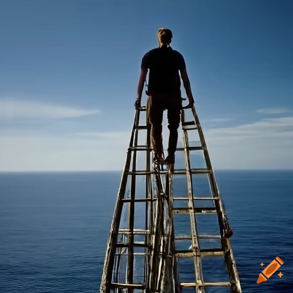 Man climbing a gigantic high ladder with islands in the background on ...