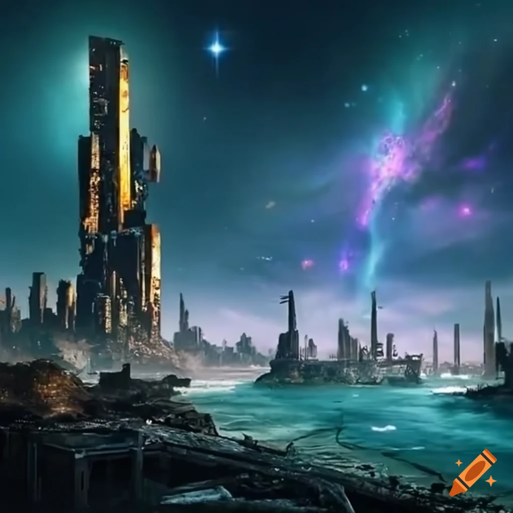 Post-apocalyptic city ruins covered in cosmic space slime during an ...