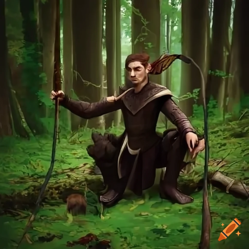 Male elven archer surrounded by forest animals in a woodland setting on ...