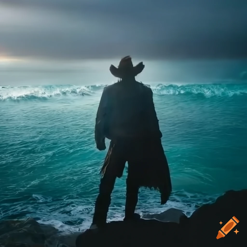 Cowboy standing on cliffside shore facing roaring ocean waves on Craiyon