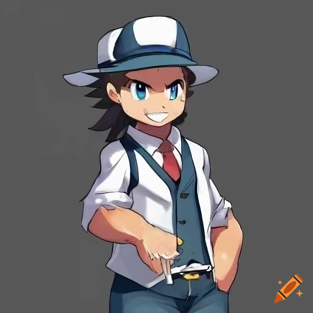 Grizzled pokemon trainer in fedora and vest smoking a cigar on Craiyon