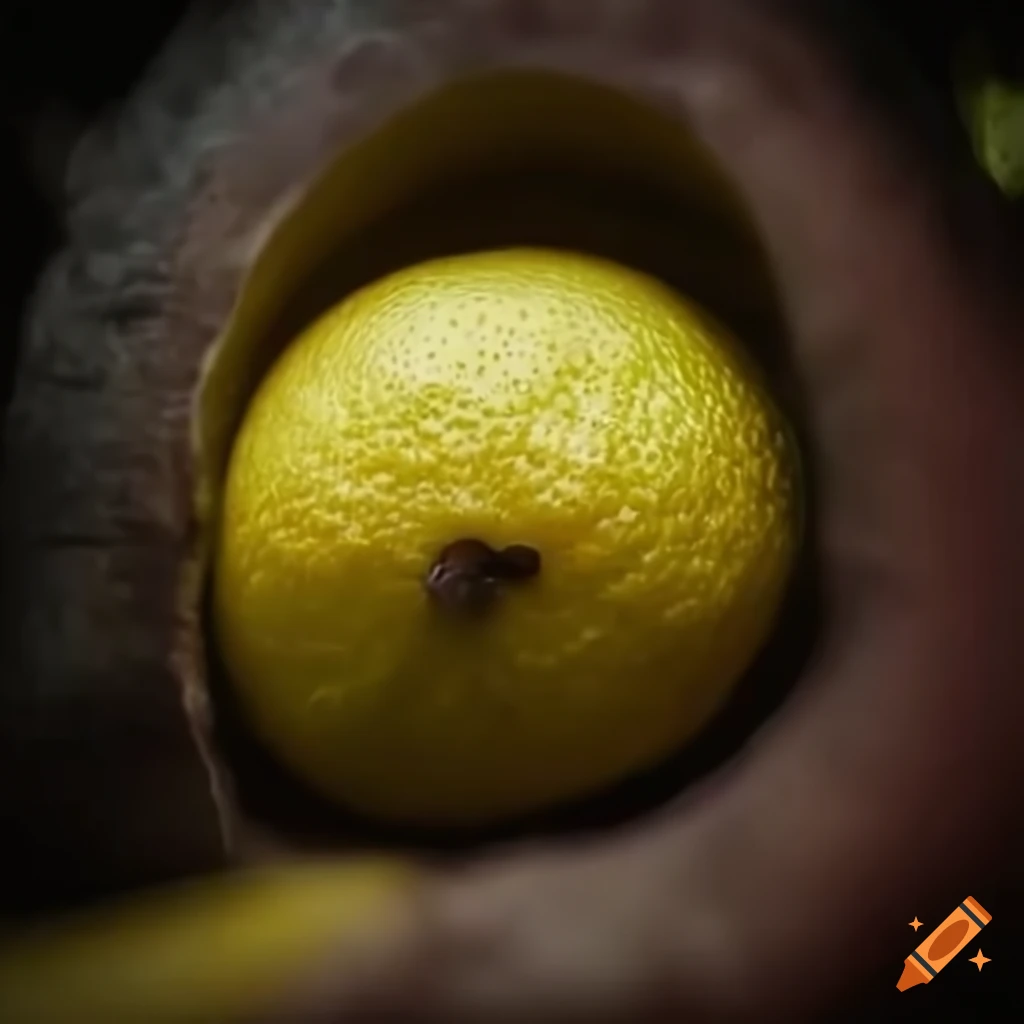 Bizarre creature with a glowing eye surrounded by fruits on a tree on ...