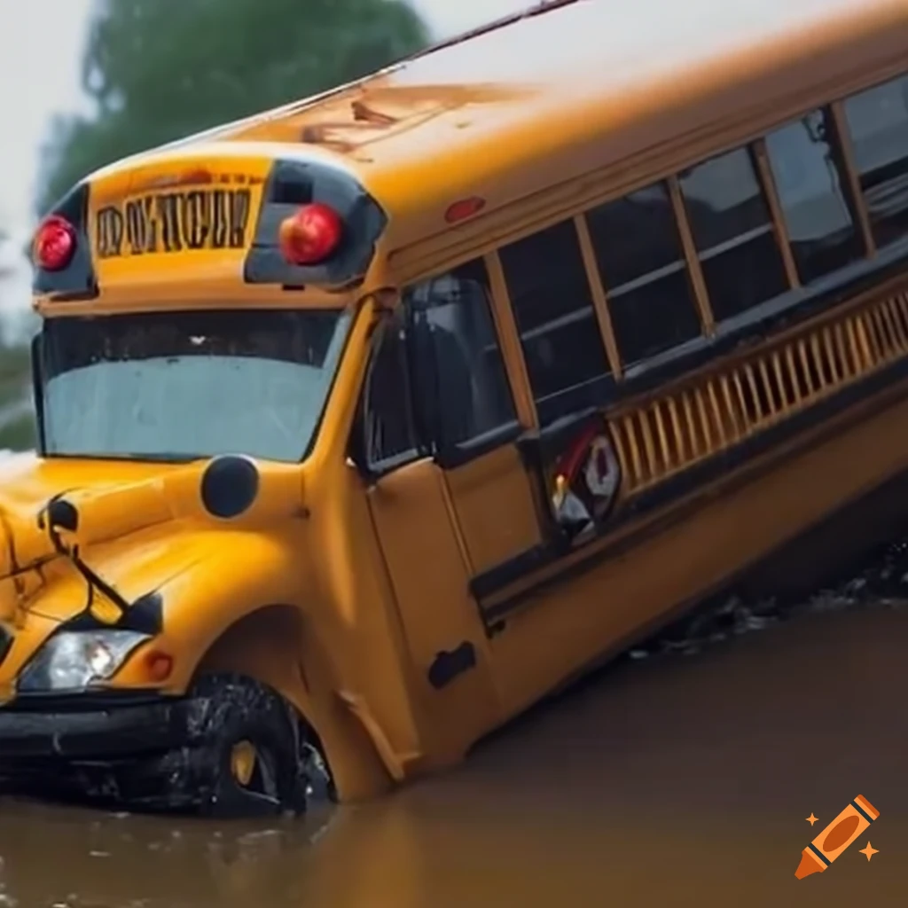 School bus stuck in muddy ditch under the rain on Craiyon