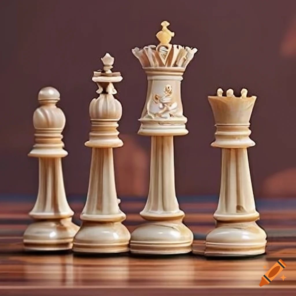 Intricately carved white queen in an elegant wood chess set on Craiyon