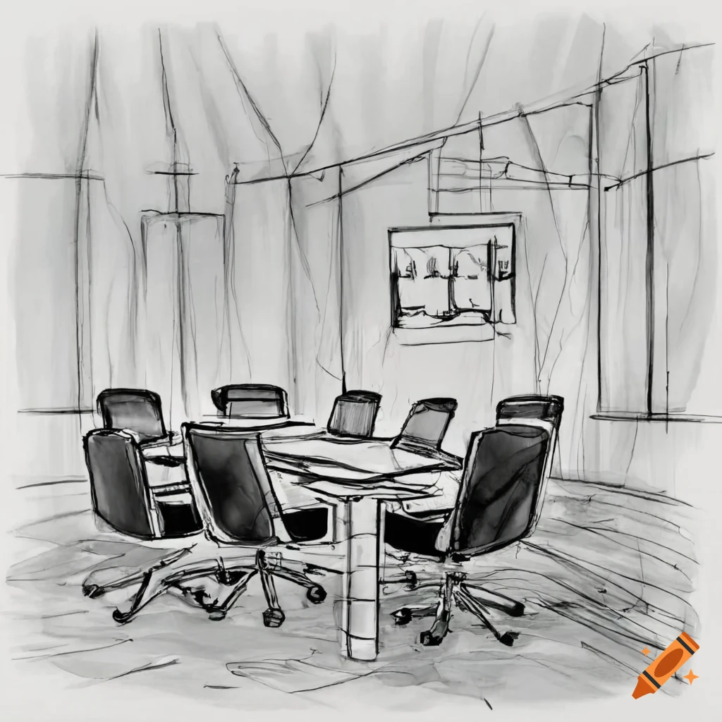 Monochrome drawing of a modern conference room with a presentation and ...