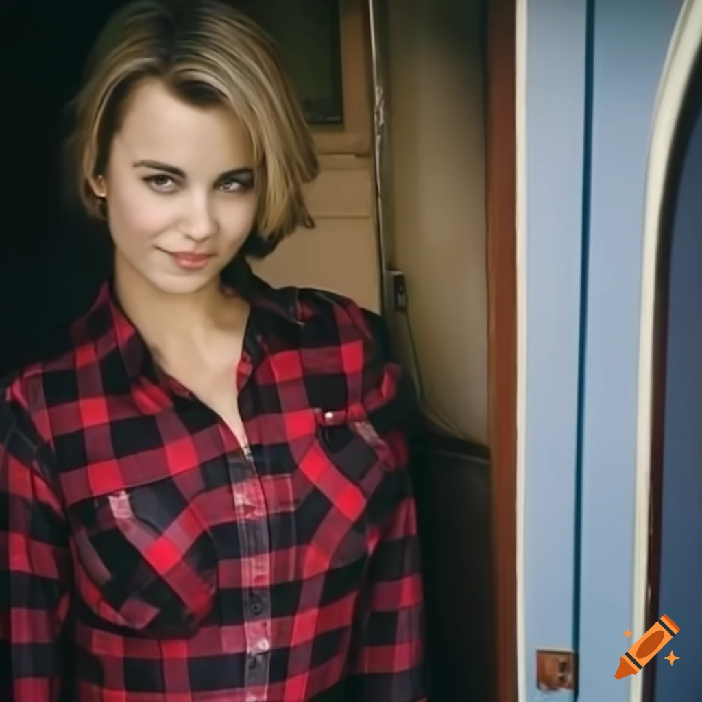 Photorealistic close-up of two people in country-plaid shirt and high-waist black leather ...