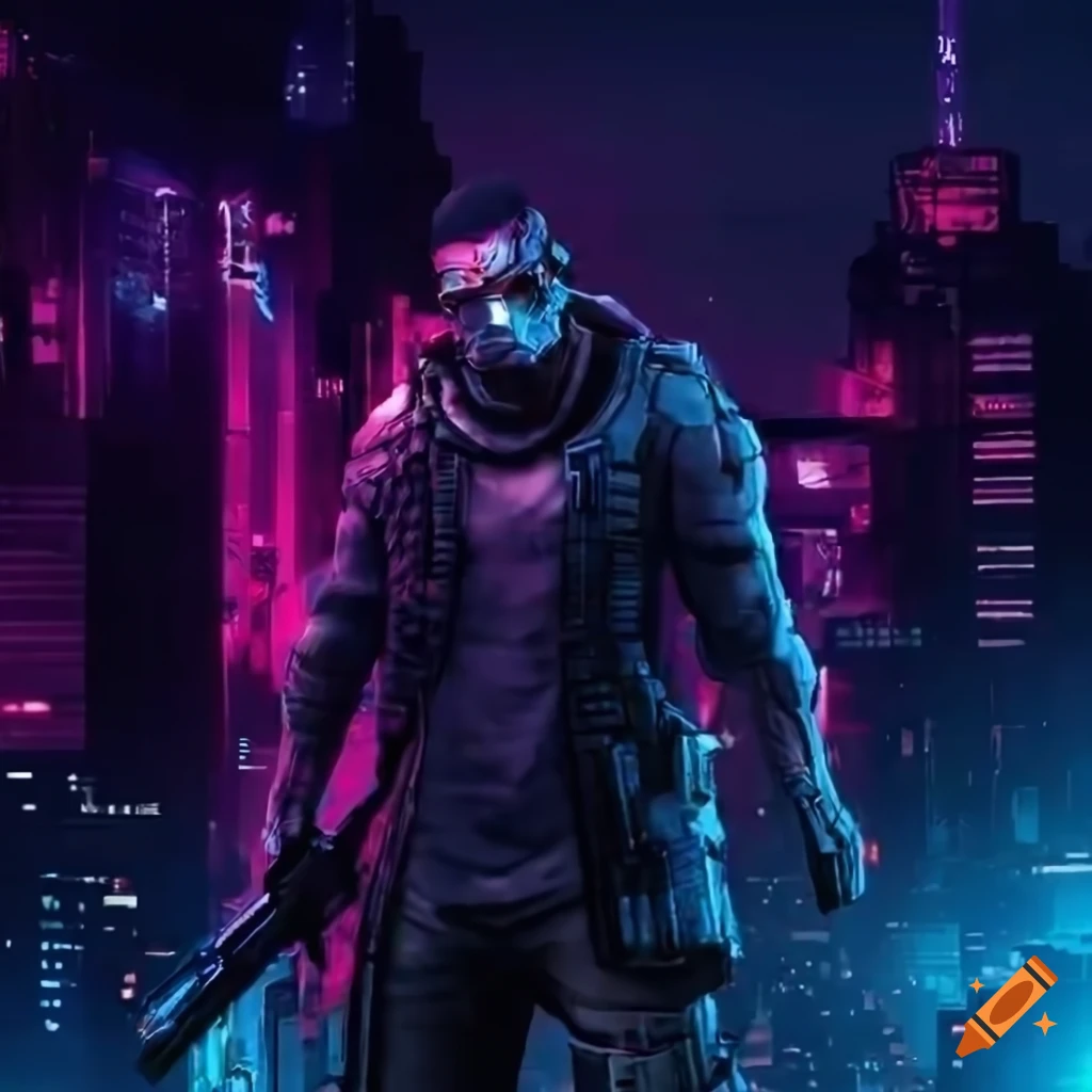 Rugged cyberpunk bounty hunter with guns on rooftop in neon city under ...