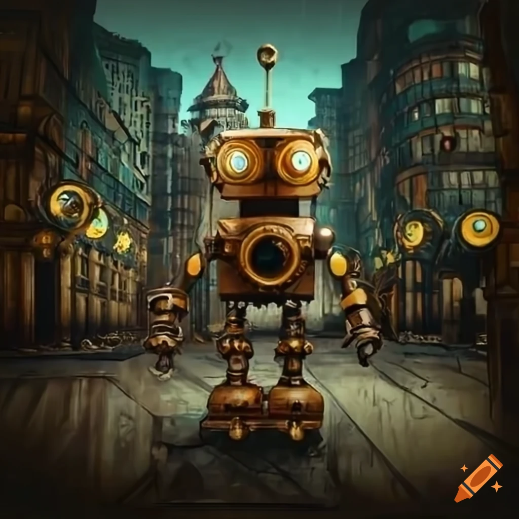 Clockwork robot in a steampunk city on Craiyon