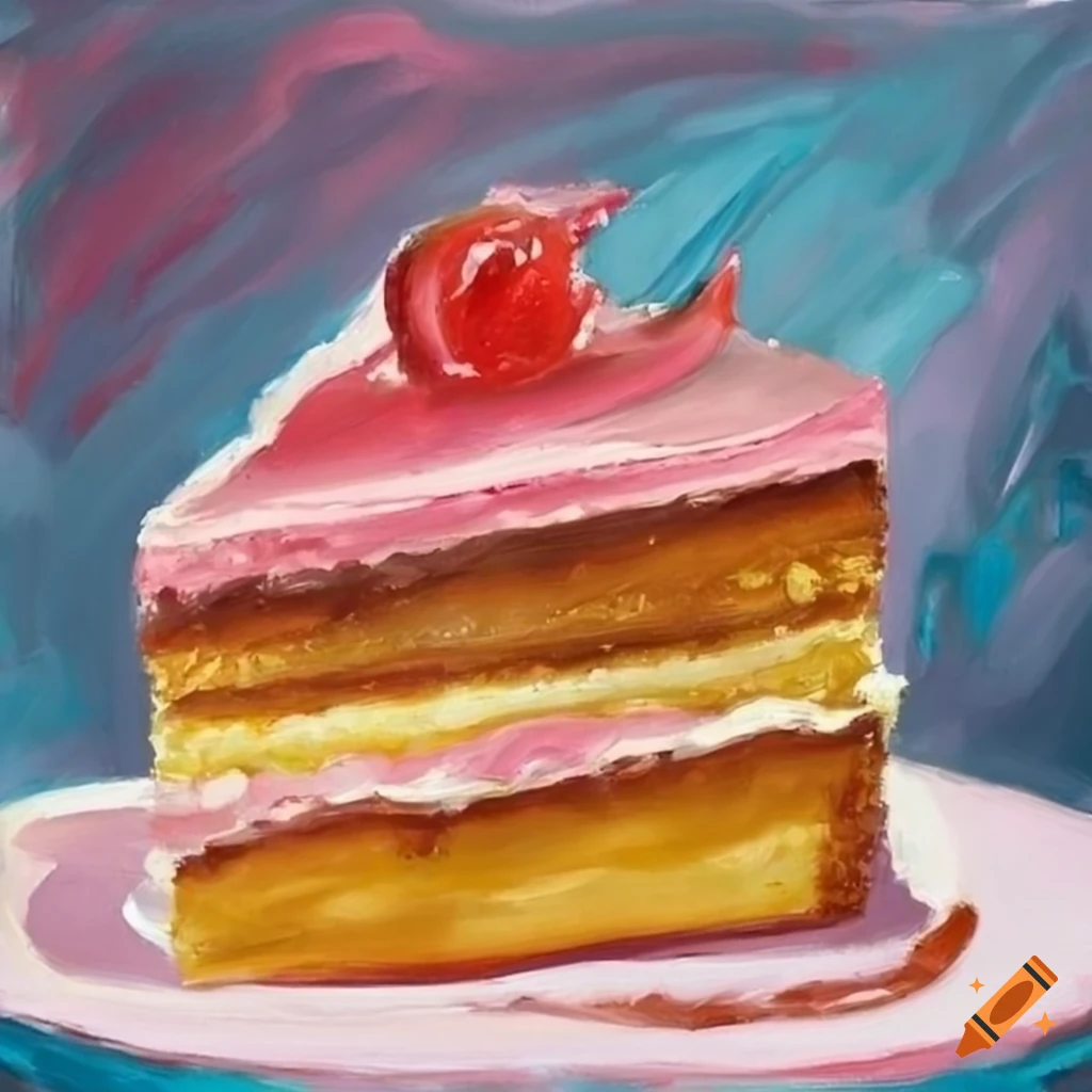 Delicious slice of cake in an oil painting on Craiyon