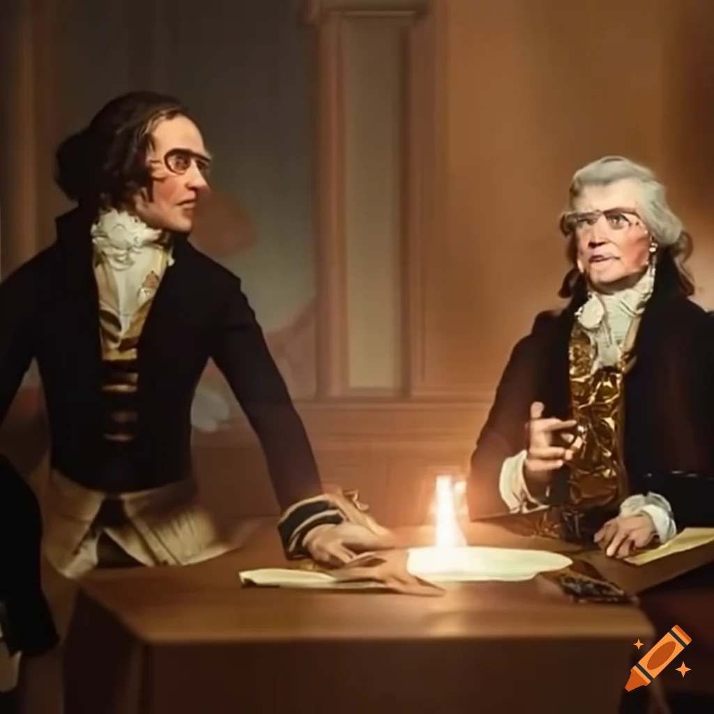 Thomas jefferson and alexander hamilton in a historical discussion on Craiyon