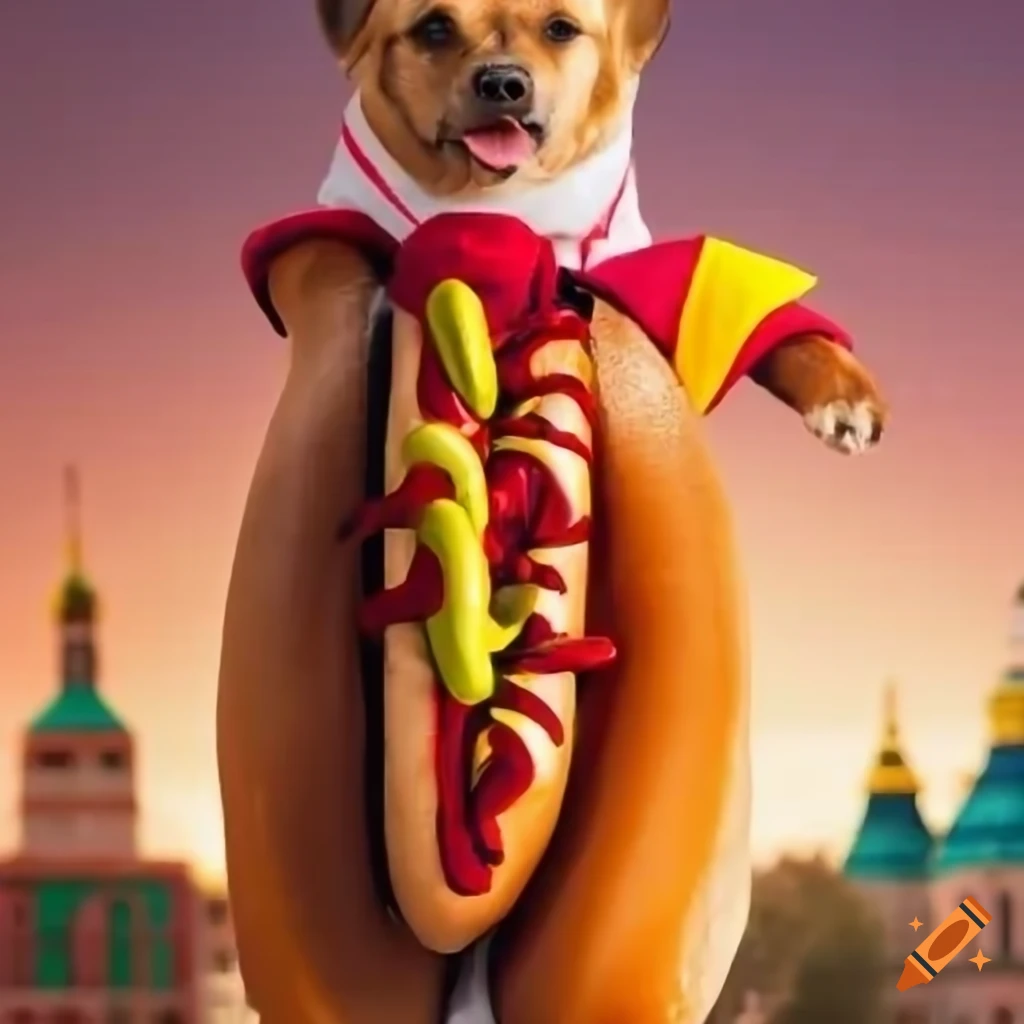 Dog in hot dog costume with a sign, Russian buildings in the background ...