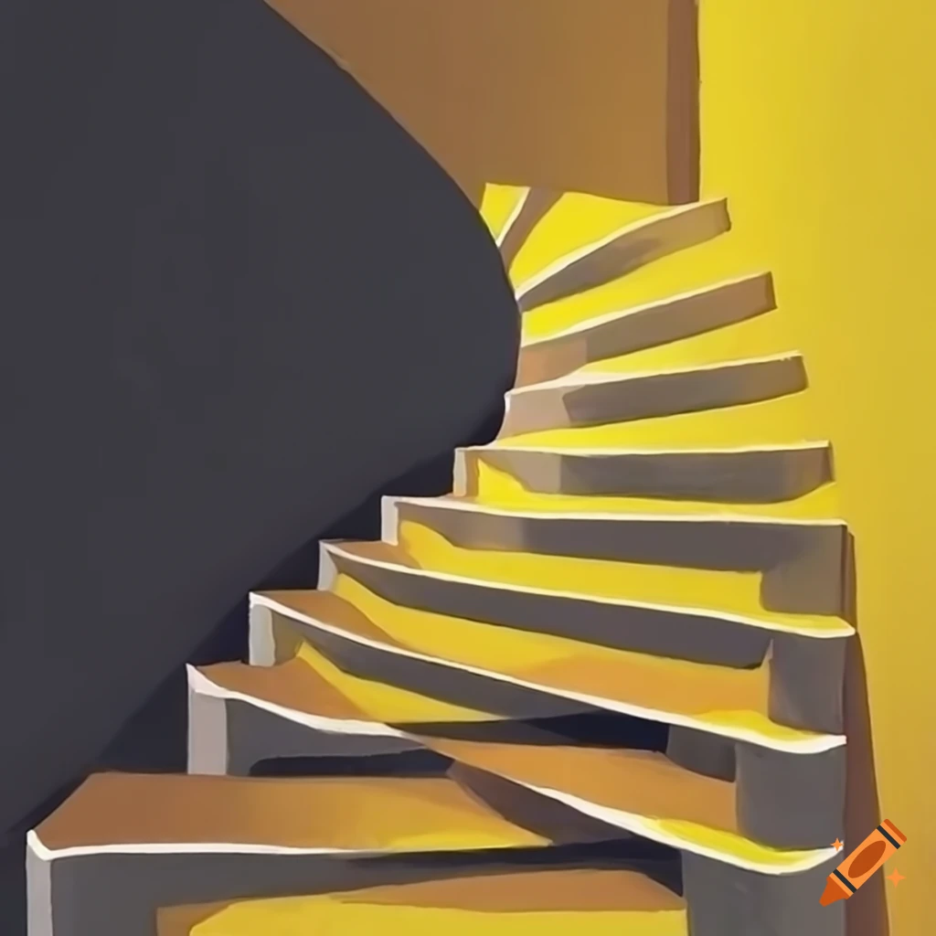 Monochromatic yellow painting of twisting stairs on Craiyon