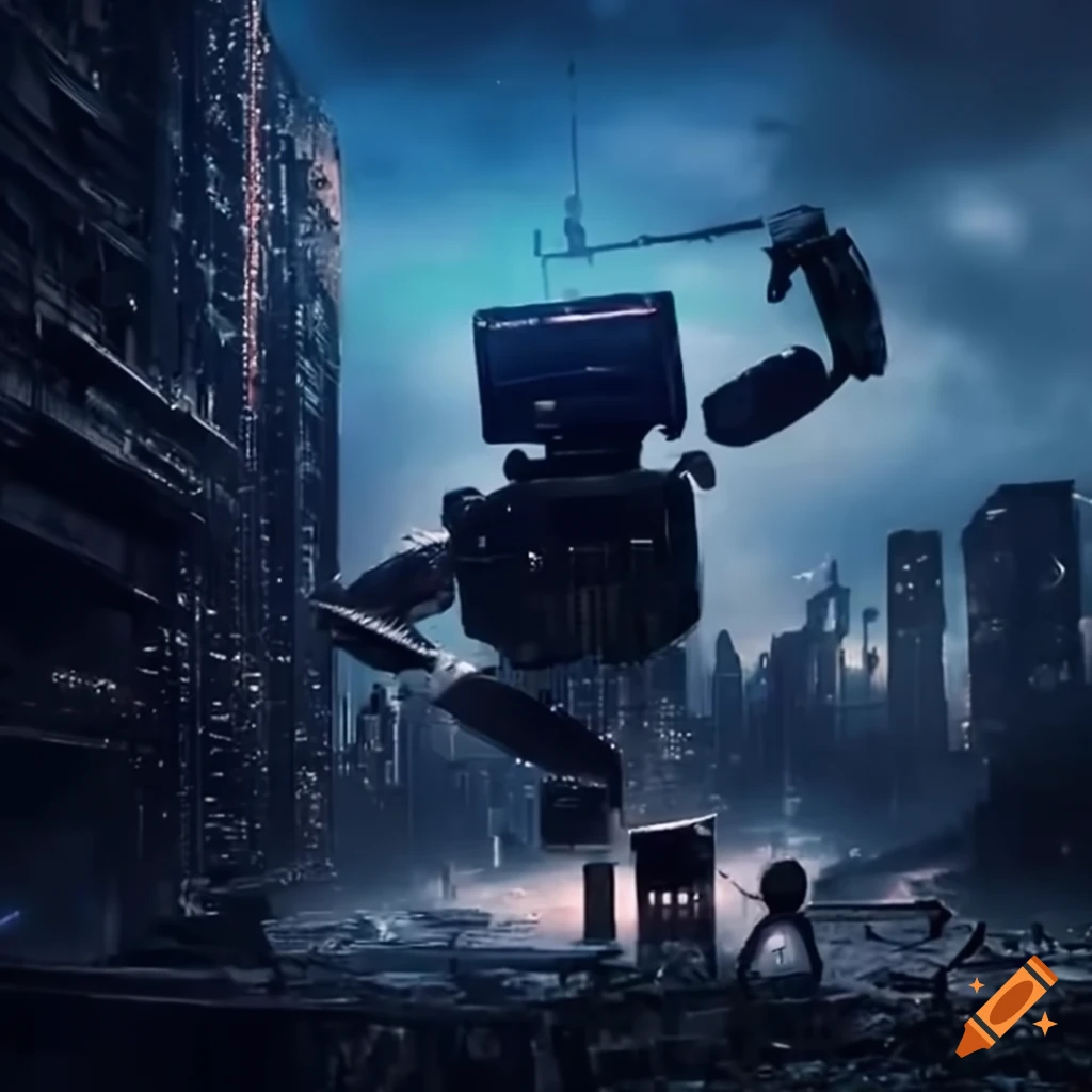 Musical robot chasing a dj in a futuristic destroyed city skyline on Craiyon