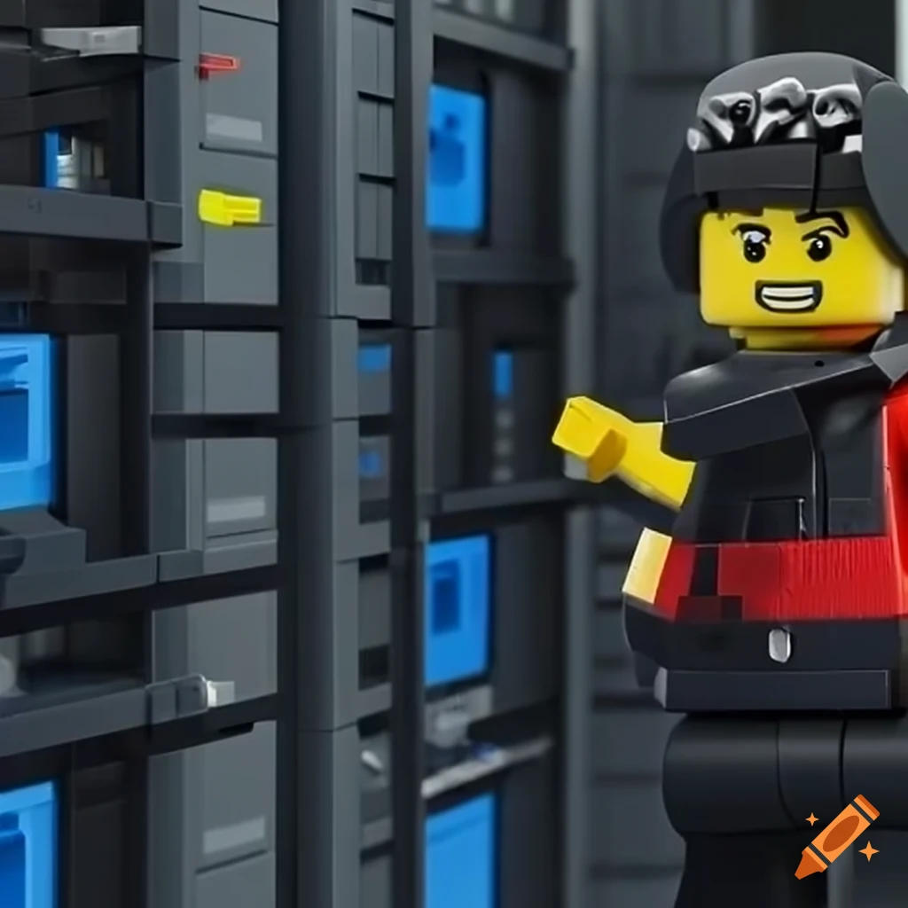 Organized computer network server room made of lego with nerdy lego character on Craiyon