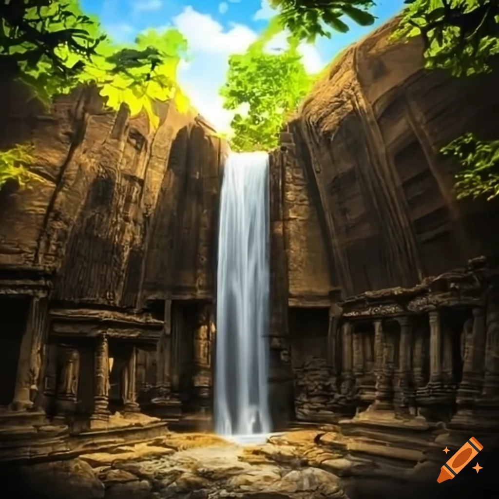 Ancient temple behind a waterfall on Craiyon
