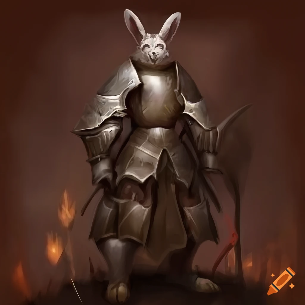 Rabbit wearing heavy armor in a fantasy art depiction on Craiyon