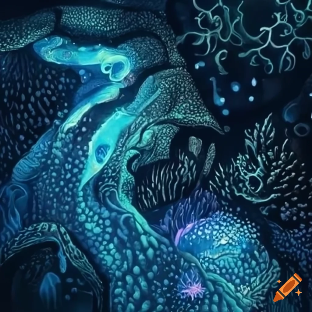 Underwater tapestry of vibrant fish, coral, and mythical creatures on ...