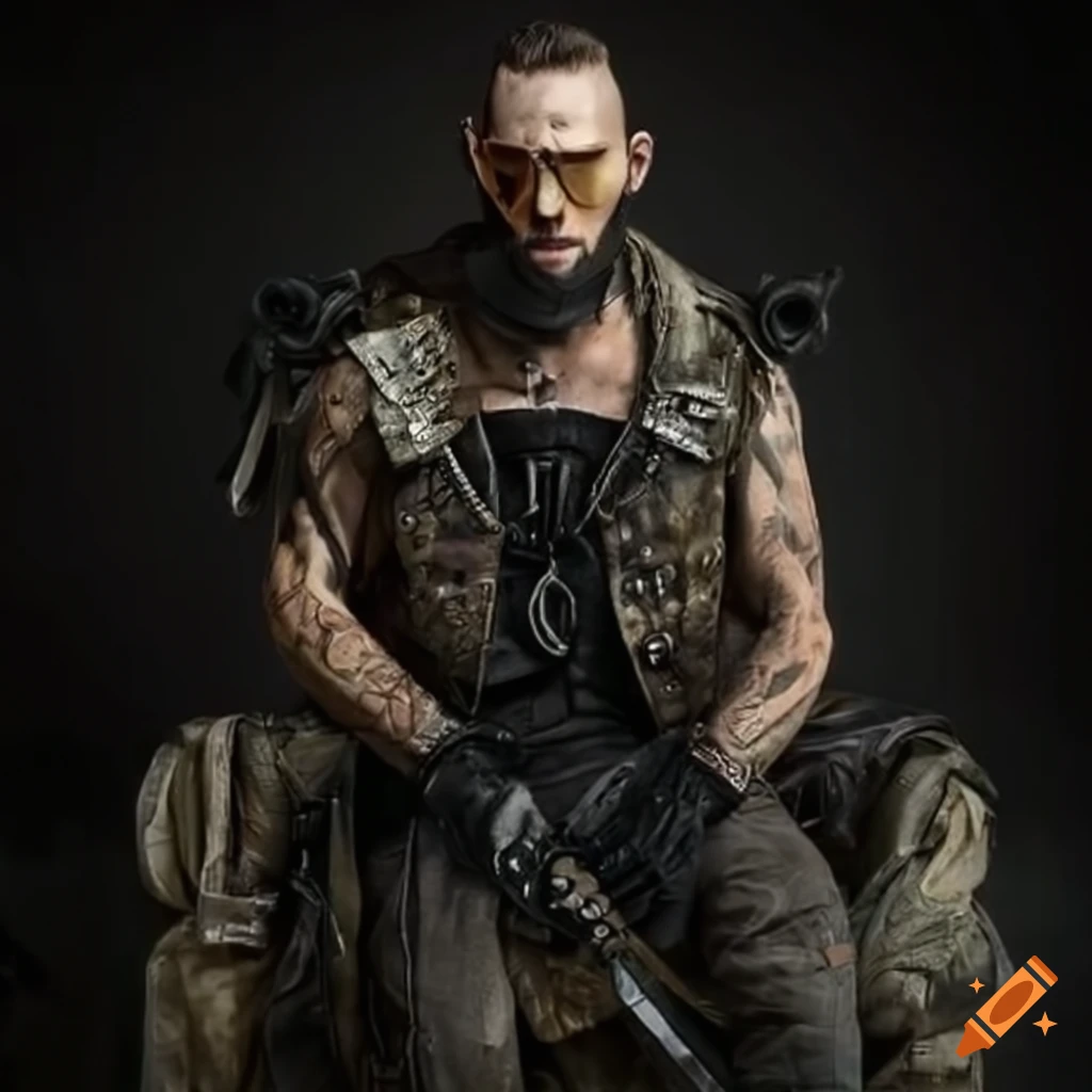 Post-apocalyptic biker in a men's fashion scene on Craiyon