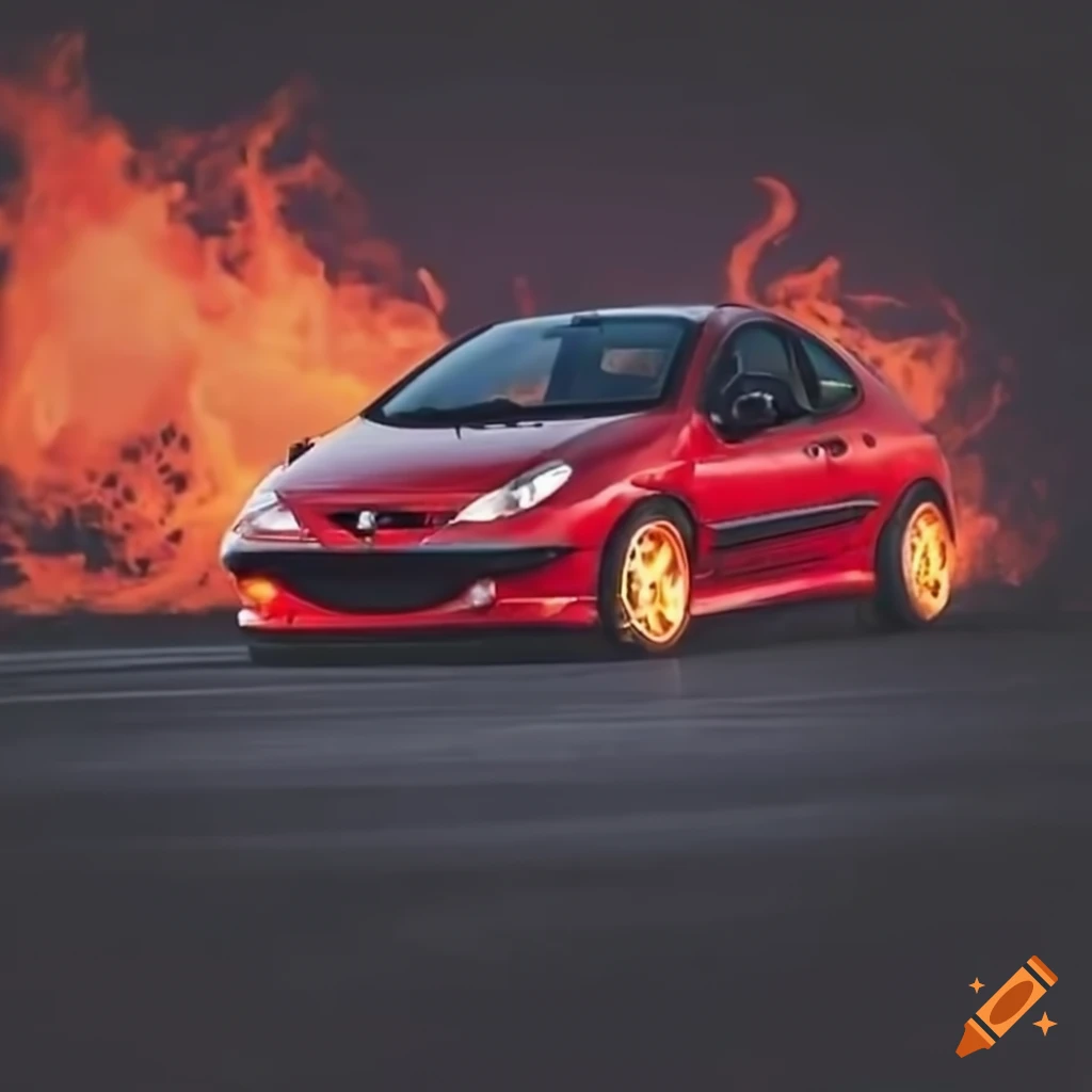 Red peugeot 206 on the side of a racetrack surrounded by flames on Craiyon