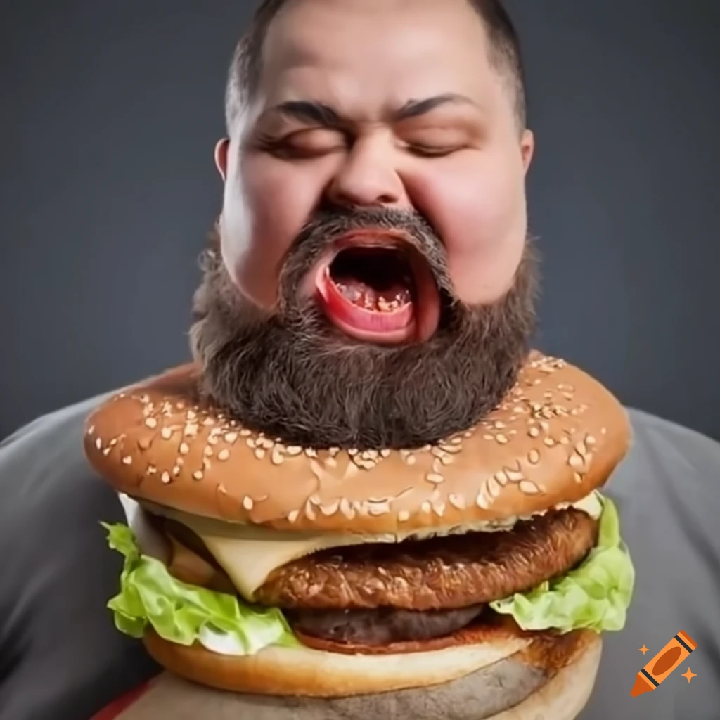 Smiling man with a big beard holding a massive burger on Craiyon