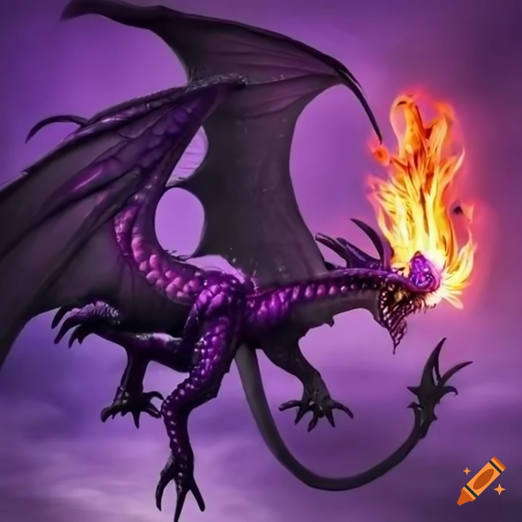 Mythical purple dragon exuding fire with a sharp pointed tail on Craiyon