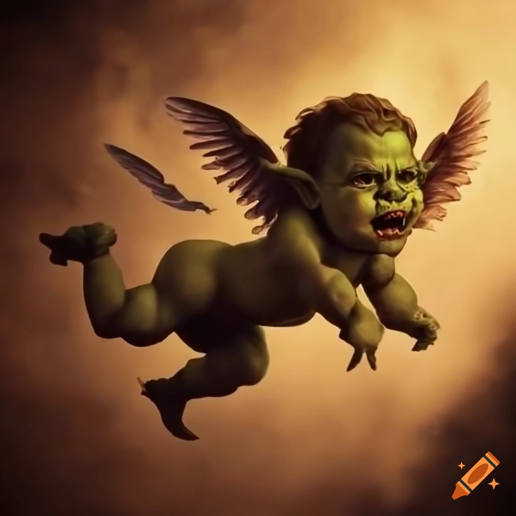 Cherub flying in an orc costume on Craiyon