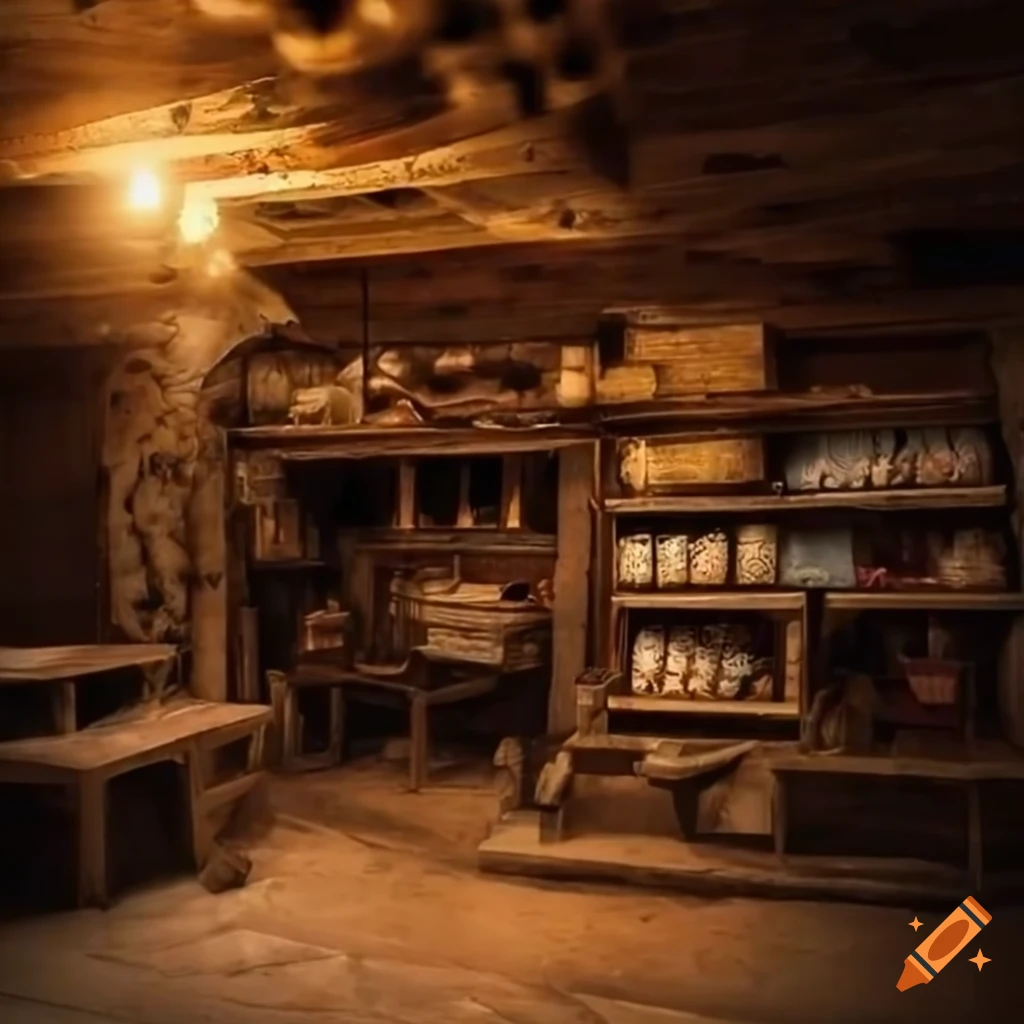 Bright interior of a medieval general store with a game-like atmosphere ...