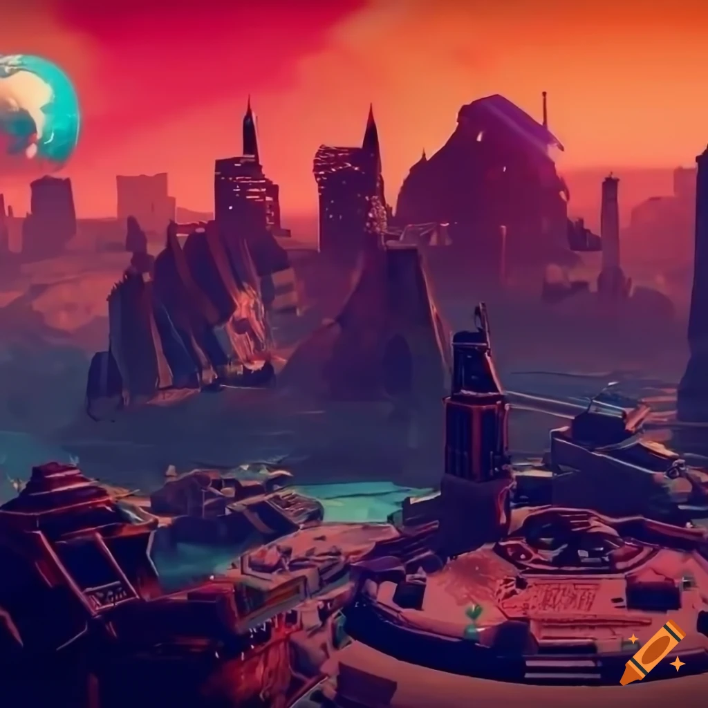 Korvax cityscape in no man's sky video game on Craiyon