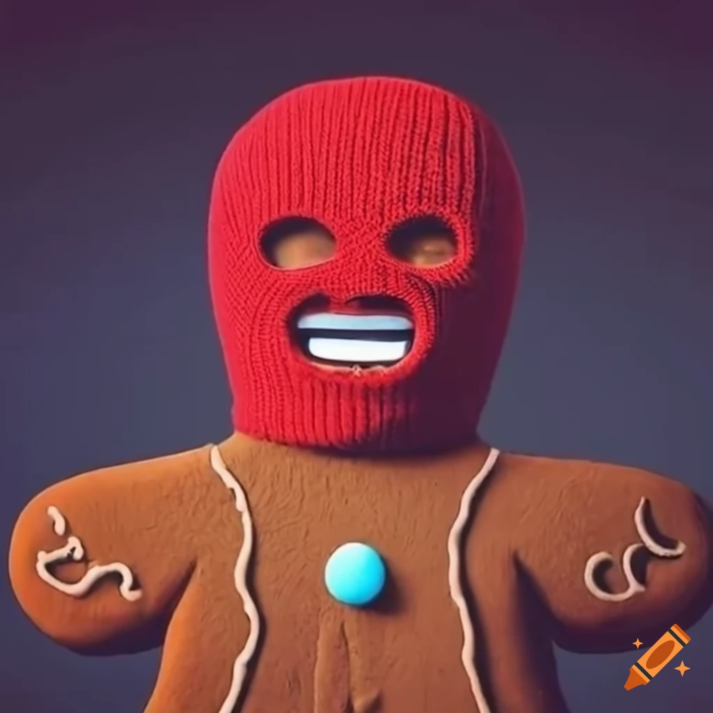 Gingerbread man in a ski mask in a charger srt hellcat on Craiyon