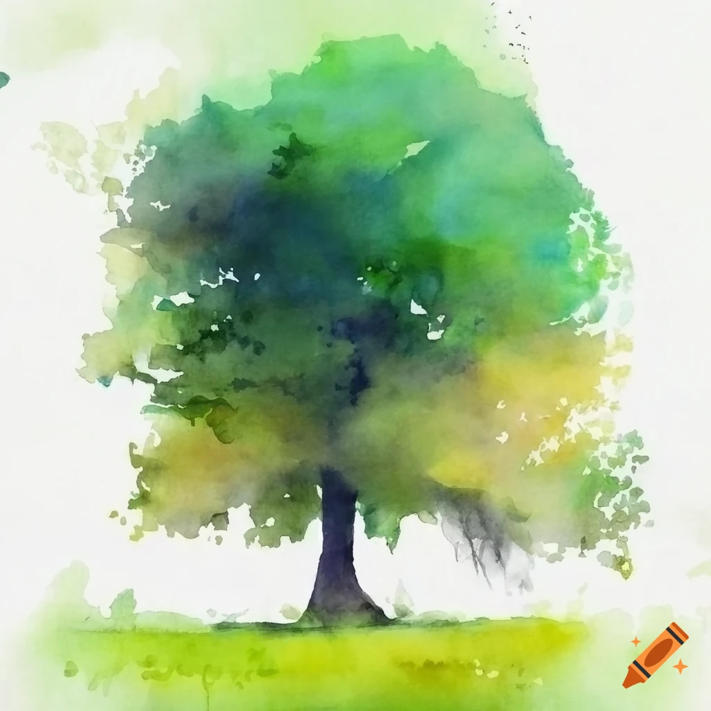 Beautiful green landscape with a tree in the foreground, watercolour ...