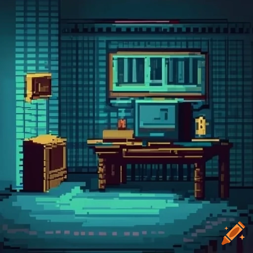 Pixel art style depiction of a desk with a PC in an old game player ...