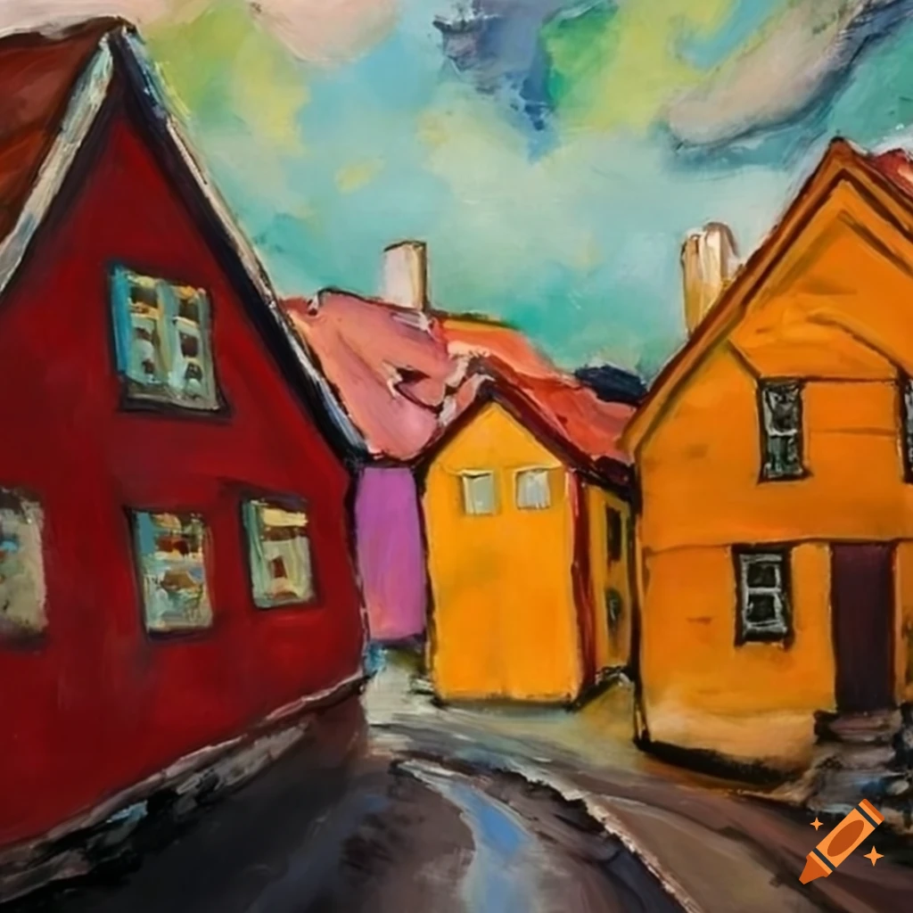 Modigliani and kandinsky oil painting of norwegian town roofs with ...