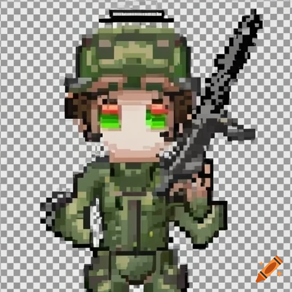 Pixel art of a soldier girl pointing a gun to the sky on Craiyon