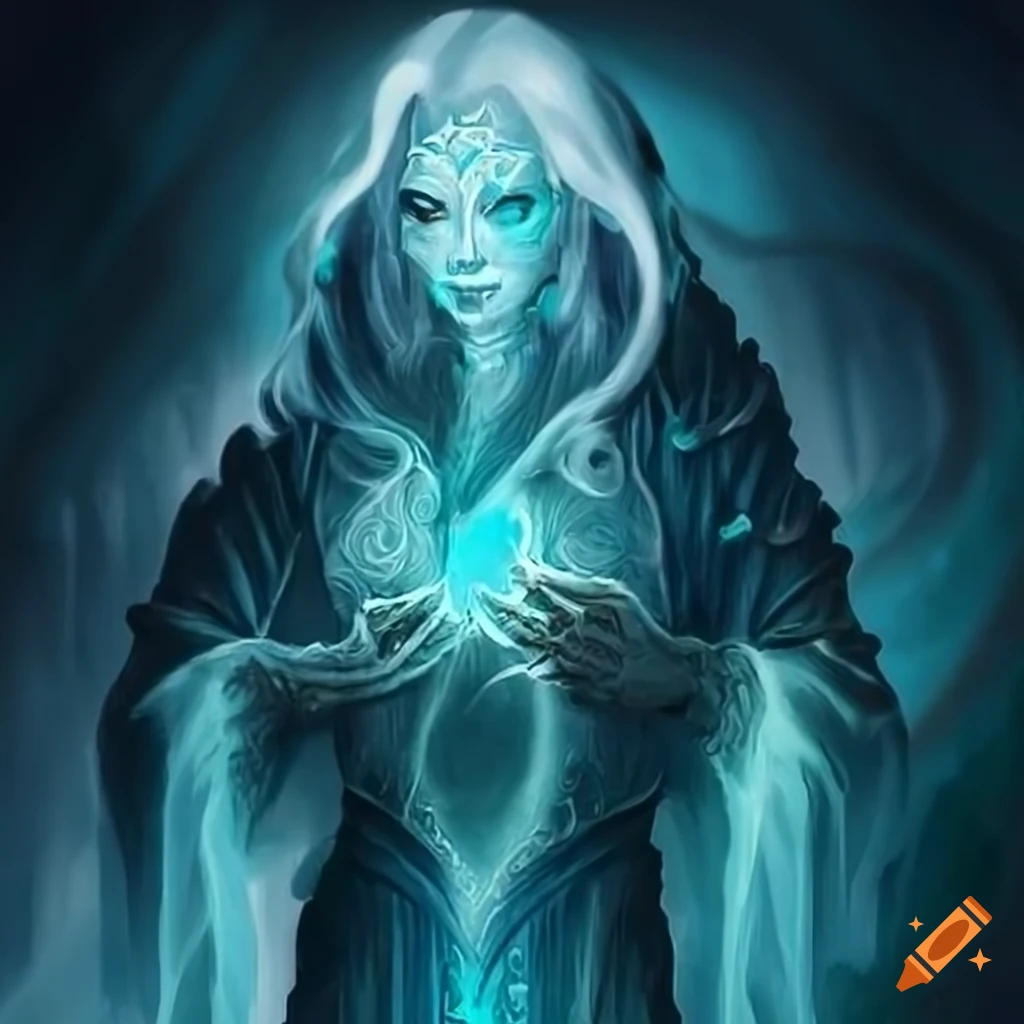 Ethereal lich cleric in flowing robes with a serene staff surrounded by ...