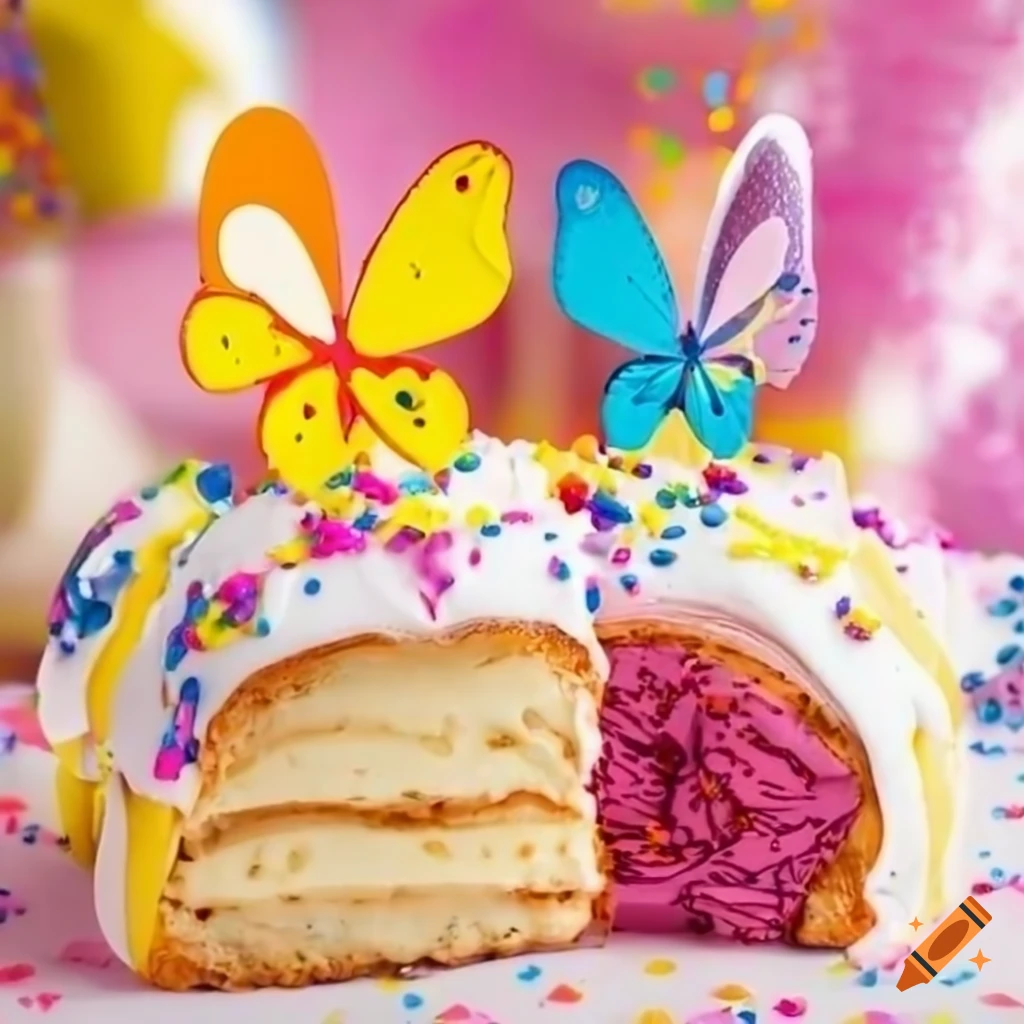 Colorful celebration baked goods decorated with butterflies on Craiyon