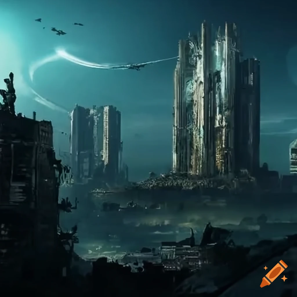 Post-apocalyptic city ruins in space with meteors on Craiyon