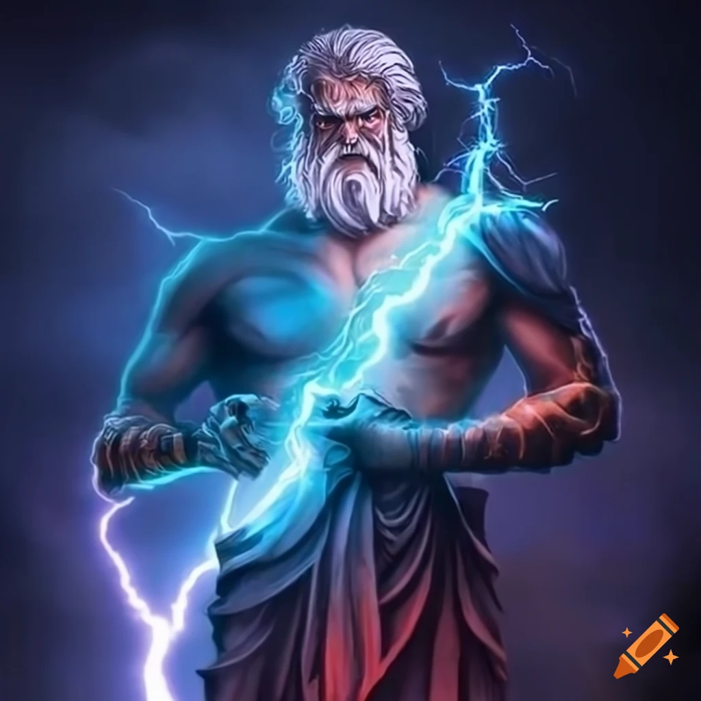 Zeus wielding a lightning bolt with fury in epic artwork on Craiyon