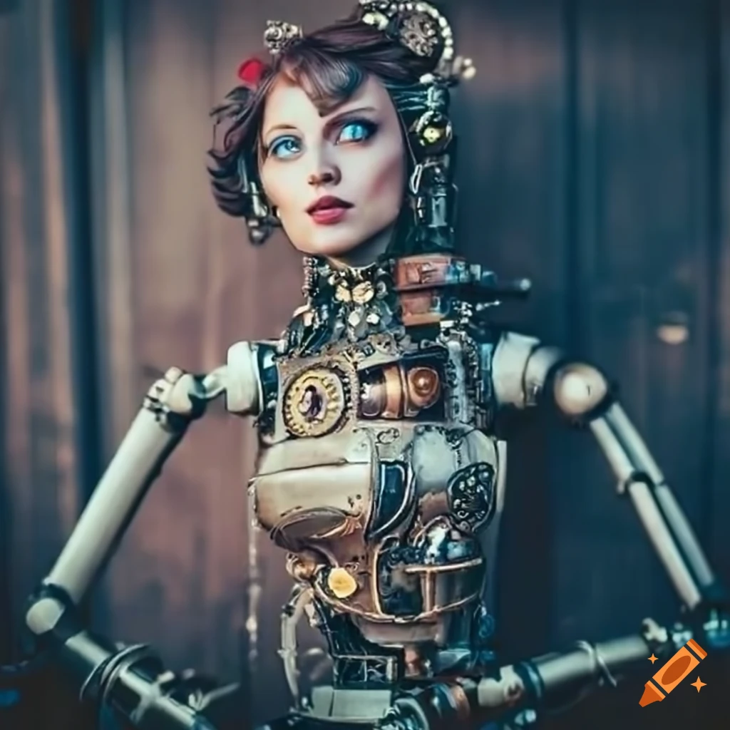 Clockwork beautiful lady robot in a steampunk city on Craiyon
