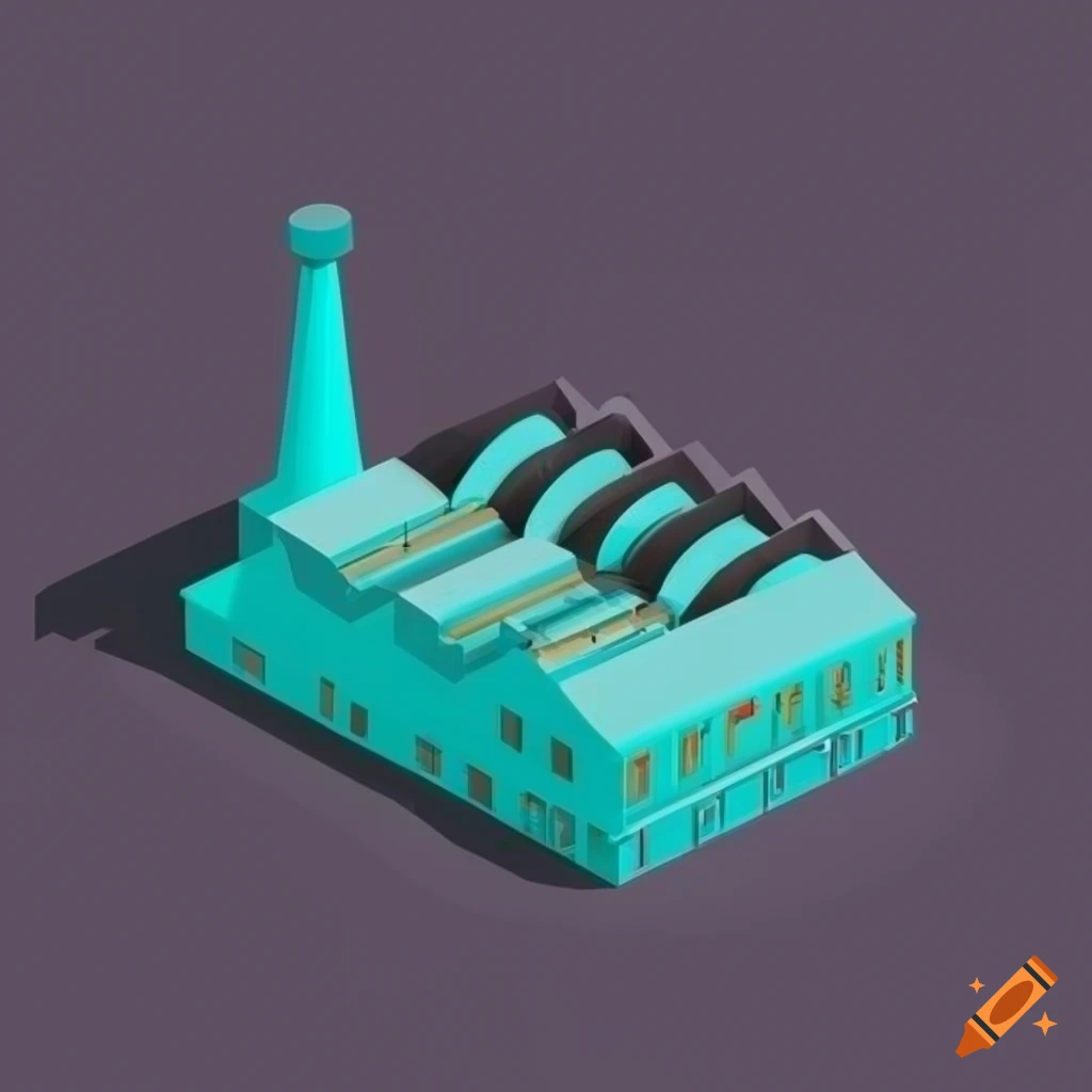 Industrial factory icon in teal with isometric 3d perspective on Craiyon