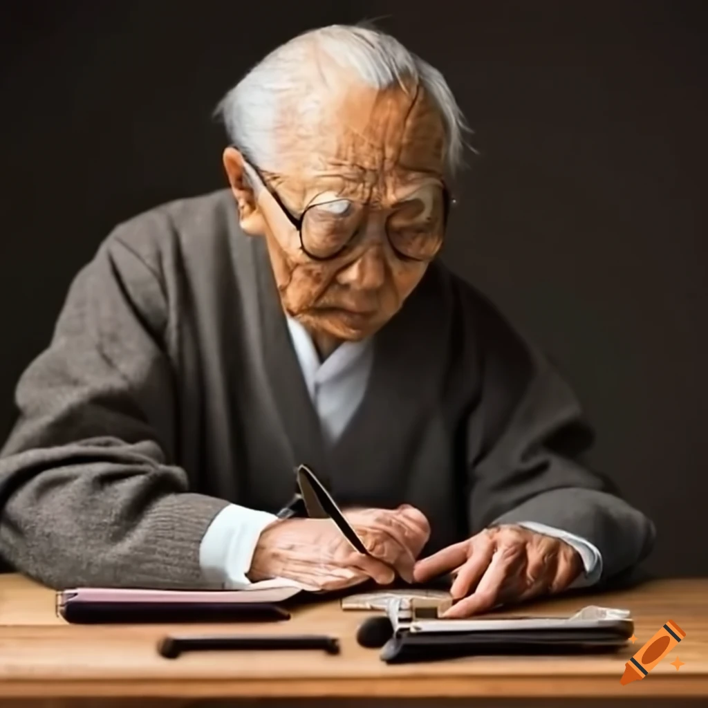 Old japanese man writing mails with eyeglasses and lots of mails on ...