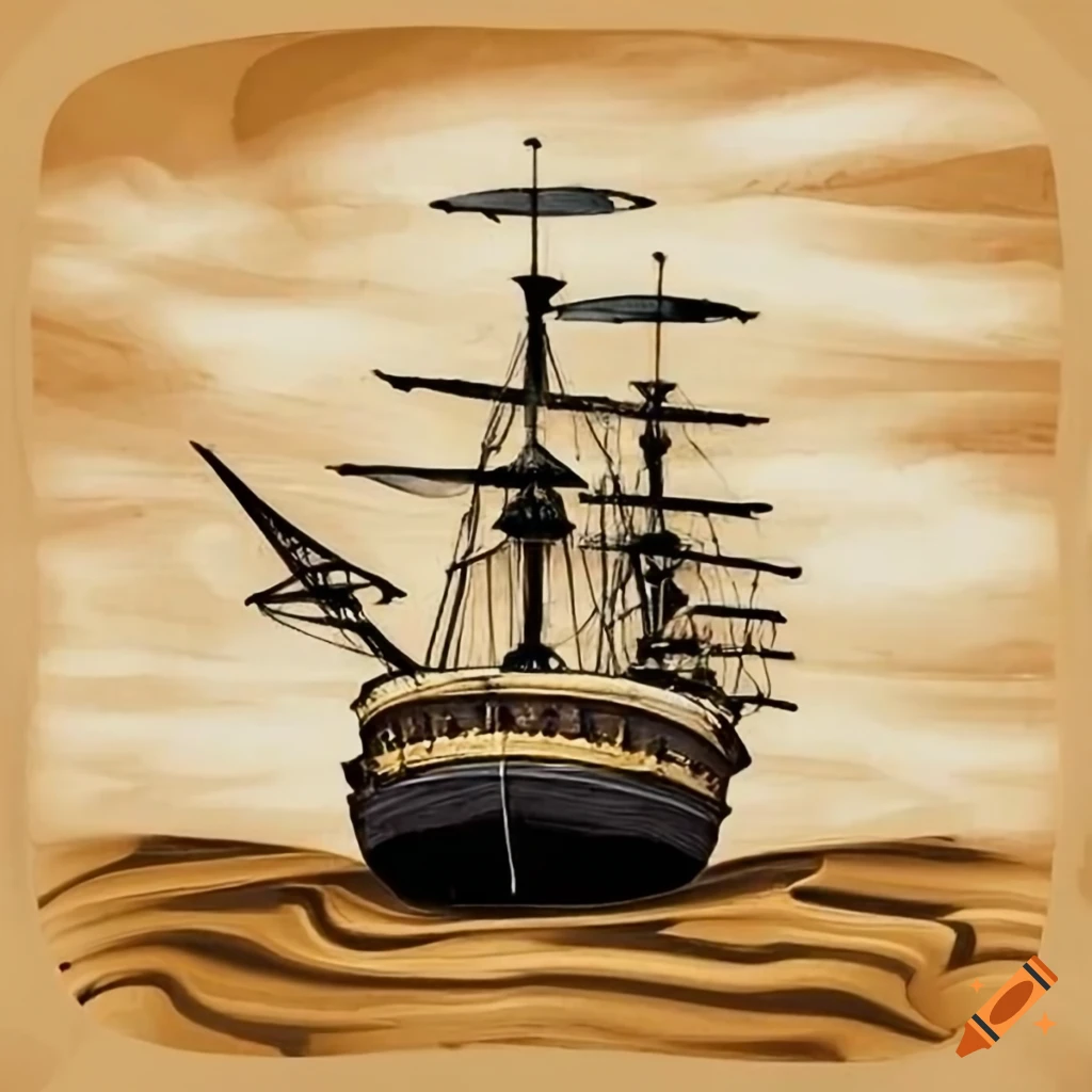 Victorian steam ship on a sea of sand with black wood and bronze ...