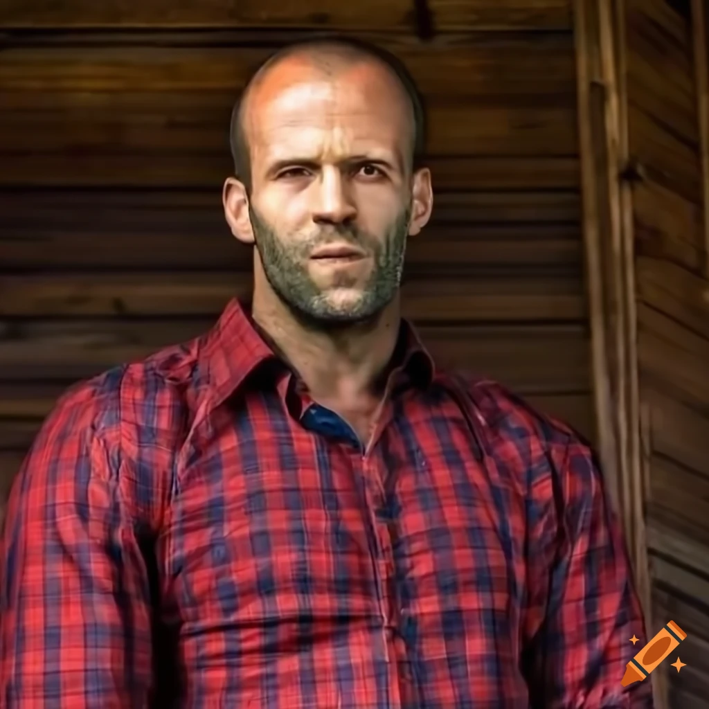 Young Jason Statham in red plaid shirt and black leather trousers ...