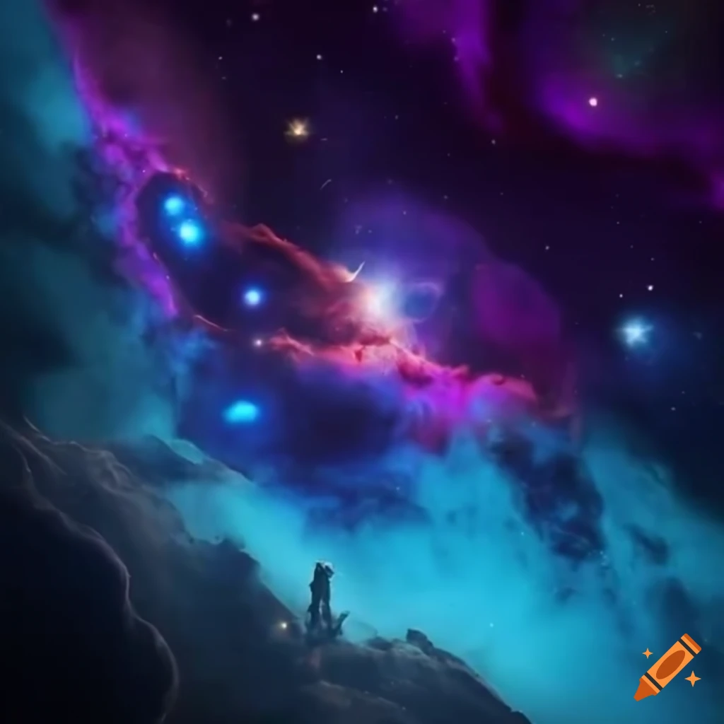 Astronauts journeying through vibrant nebula and galaxies in space on Craiyon