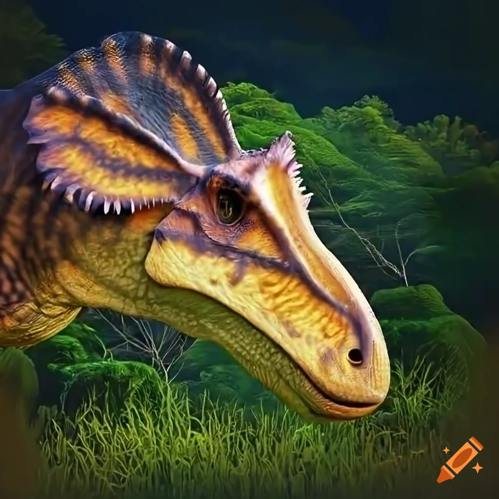 Colorful hadrosaurus dinosaur in warm morning light on Craiyon