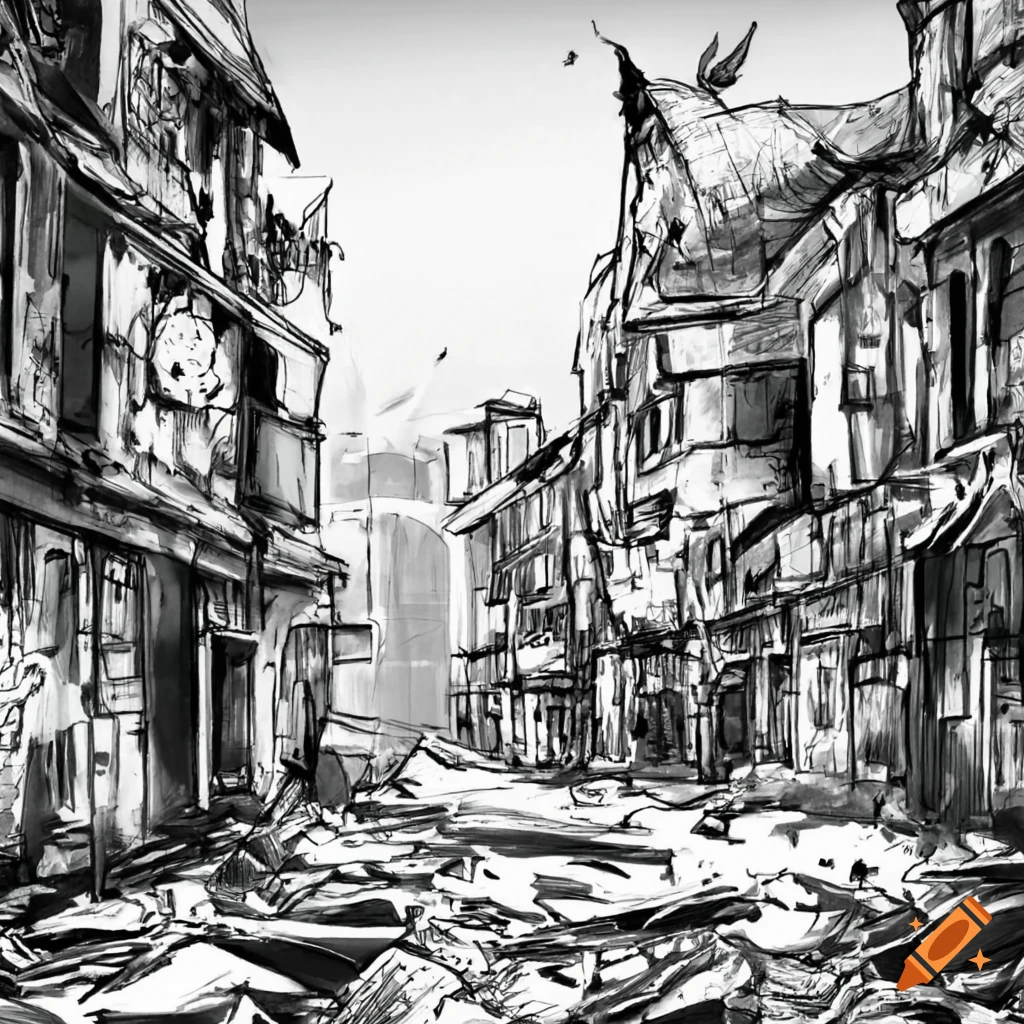 Black and white sketch of a town with crumbling buildings and rubble on ...