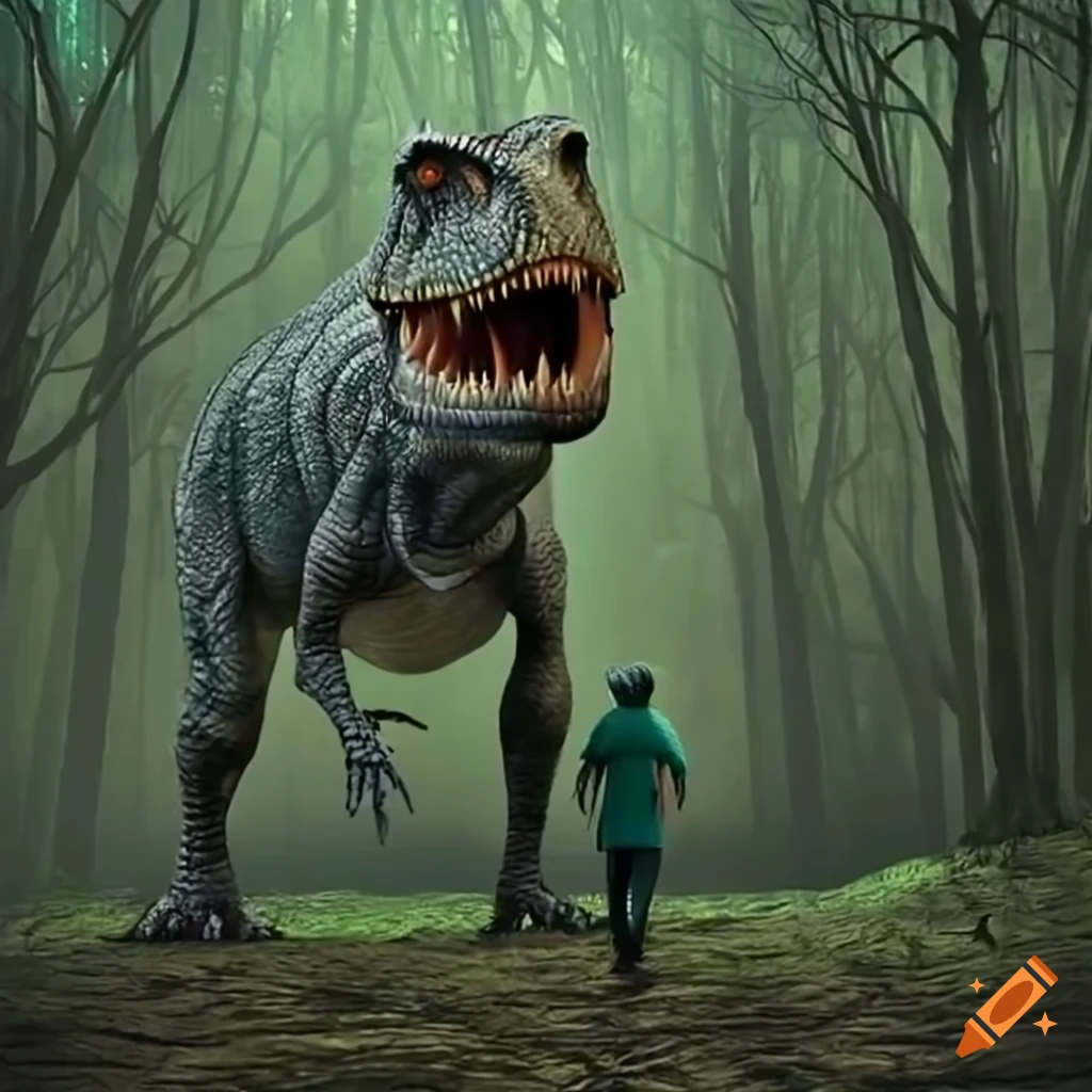 T. rex in a scary forest with a person nearby on Craiyon