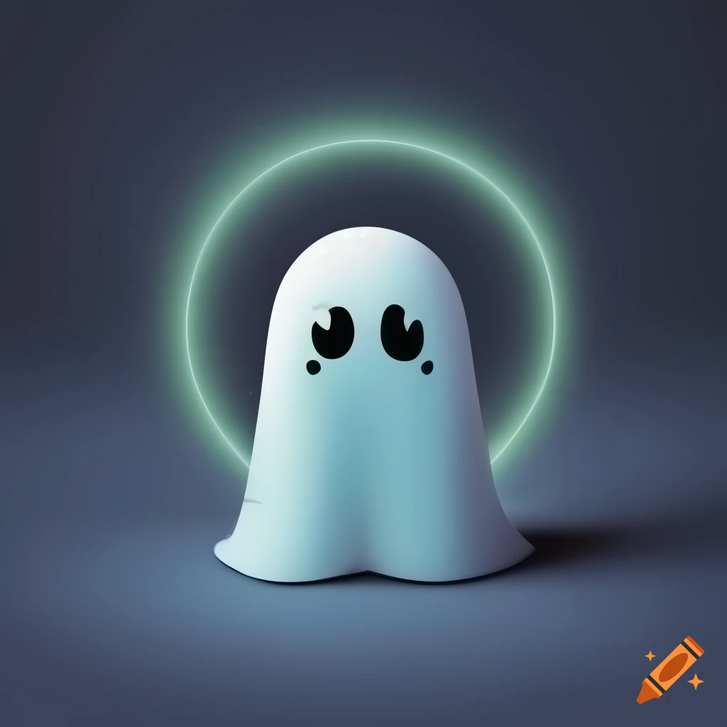 Cute ghost with sad face and a halo in dark ambient light on Craiyon