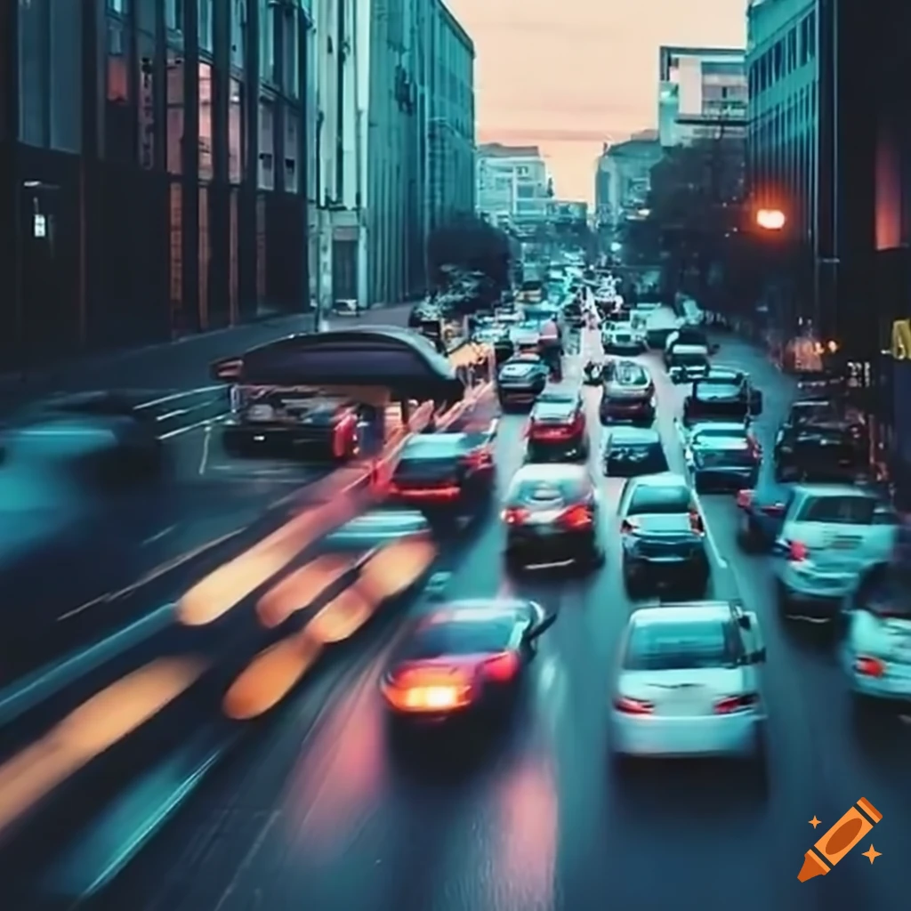 Busy traffic on a two-way street in a business park during the day on ...